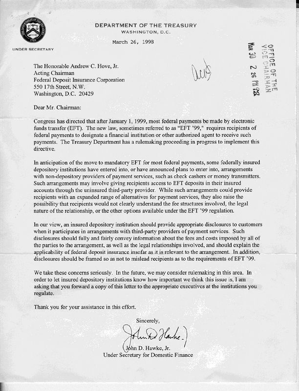 FDIC: Inactive FIL-64-98: Letter from Treasury Under Secretary John D ...